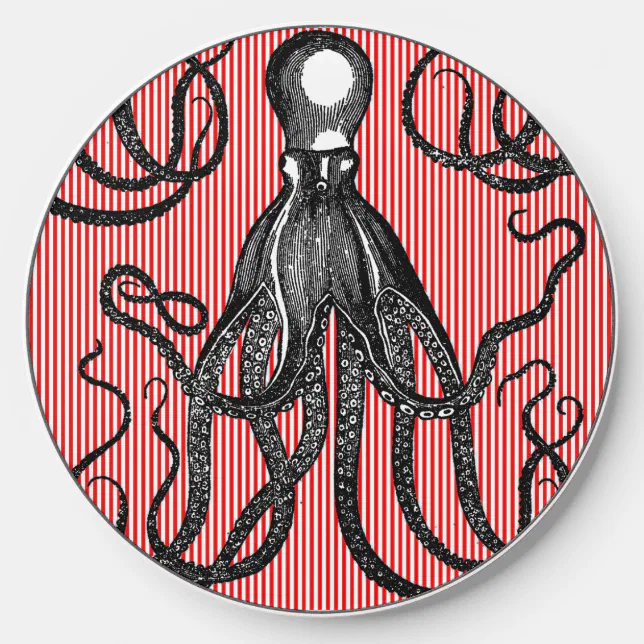 Antique Octopus on Red White Stripes Wireless Charger | Zazzle