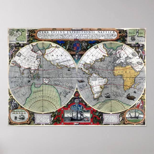 Antique old world map 1595 Restored Poster | Zazzle
