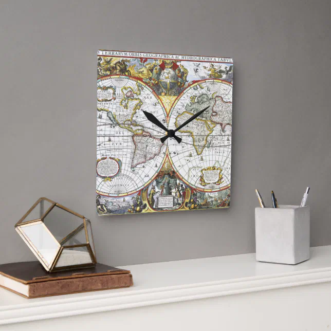 Antique Old World Map by Hendrik Hondius, 1630 Square Wall Clock | Zazzle