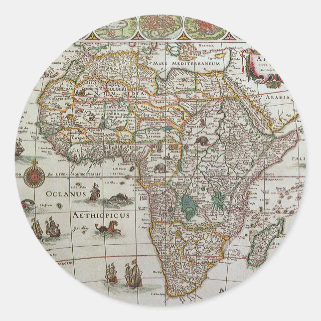 Antique Old World Map of Africa by Blaeu, c.1635 Classic Round Sticker ...