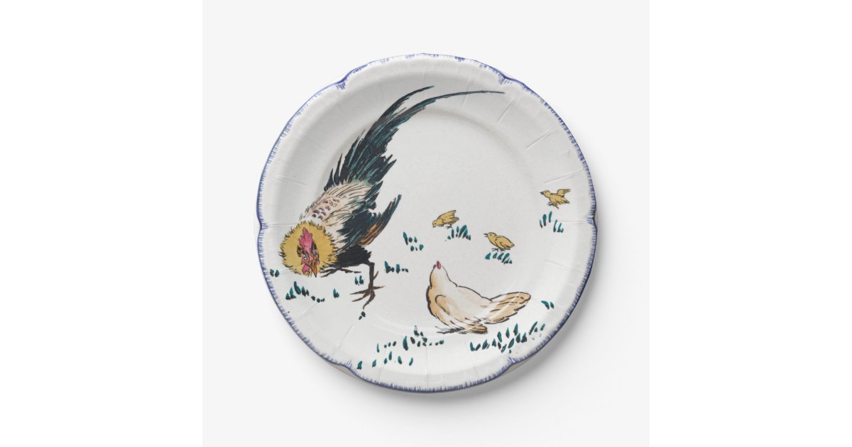 Antique porcelain rooster hen farmhouse blue white paper plates | Zazzle