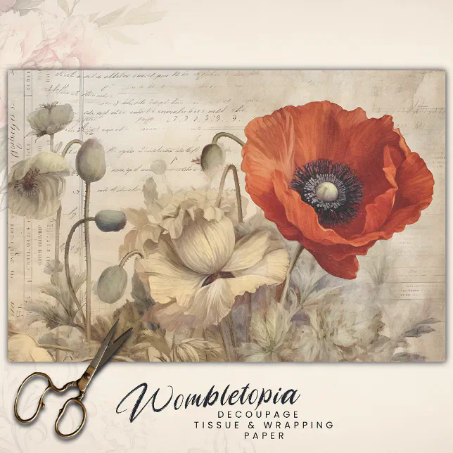 Antique Red and Cream Poppies Decoupage Paper | Zazzle