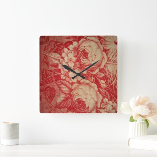 Antique Red Toile Square Wall Clock | Zazzle