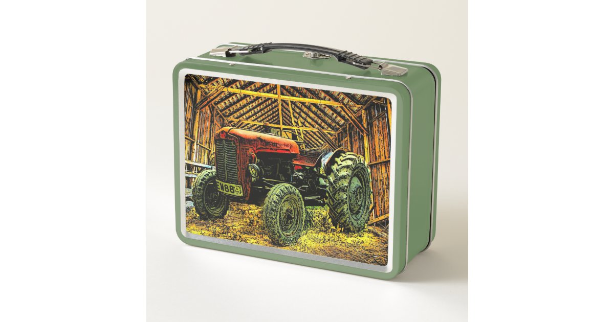 Antique Red Tractor Rustic Barn Metal Lunch Box | Zazzle