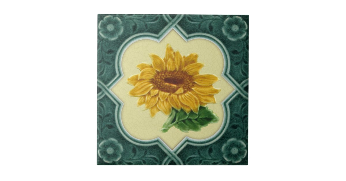 Antique Repro Faux Relief Teal Framed Sunflower Ceramic Tile | Zazzle