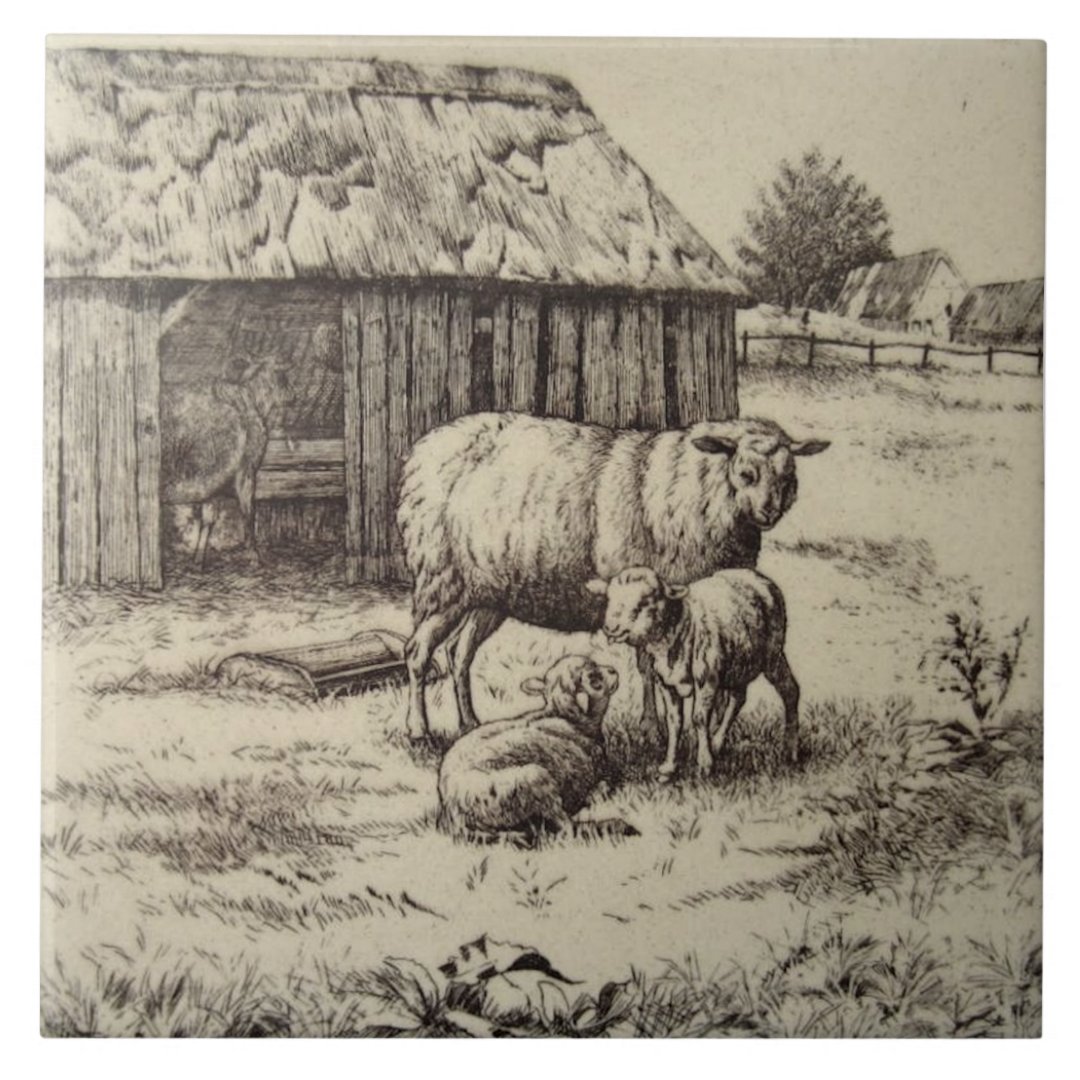 Antique Repro William Wise Sheep Family Sepia Ceramic Tile | Zazzle