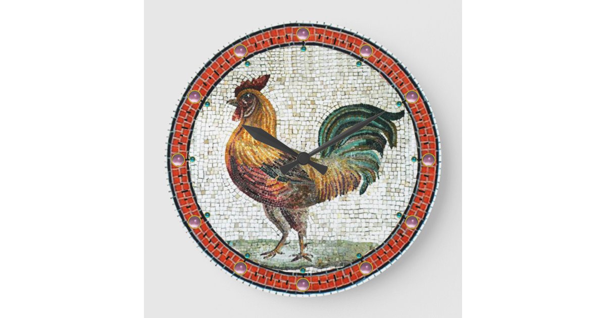 ANTIQUE ROMAN MOSAICS / ROOSTER LARGE CLOCK | Zazzle