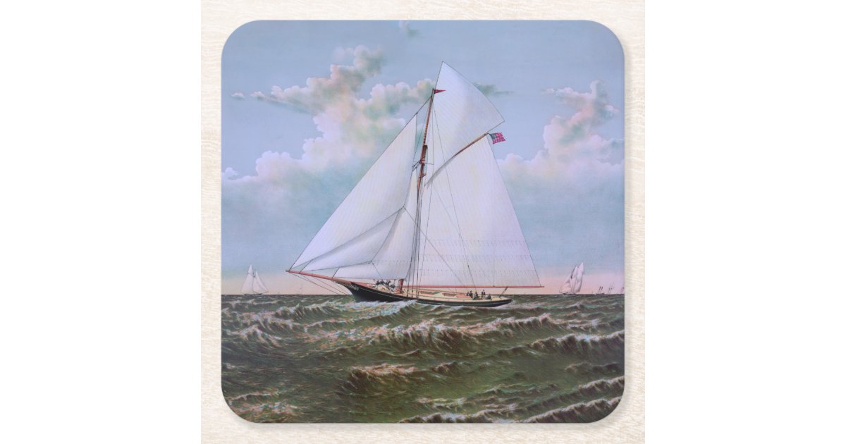 Antique Sailing Ship Sloop Yacht Sailboat Ocean Square Paper Coaster ...
