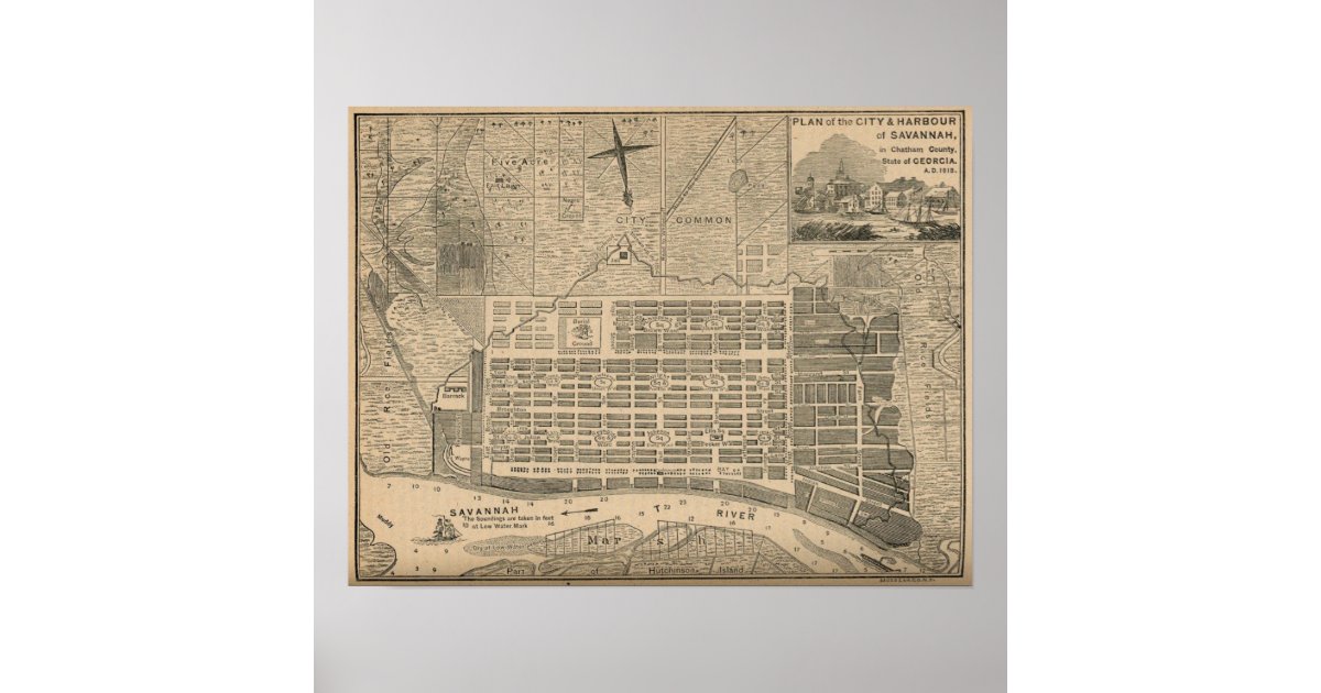 Antique Savannah City Plan Poster | Zazzle