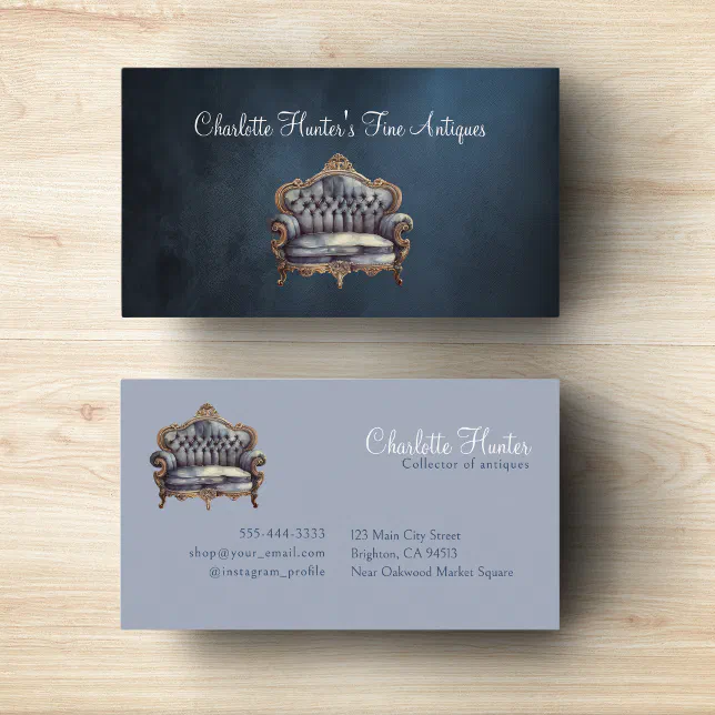 Antique shop, vintage upholstery old sofa, blue business card | Zazzle