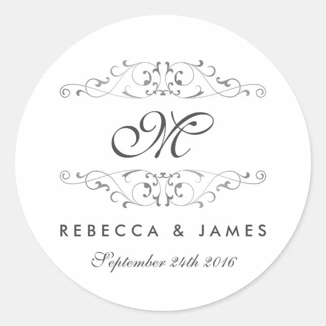 Antique Silver Flourish Monogram Wedding Stickers | Zazzle