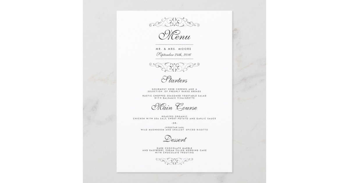 Antique Silver Flourish Wedding Dinner Menu | Zazzle