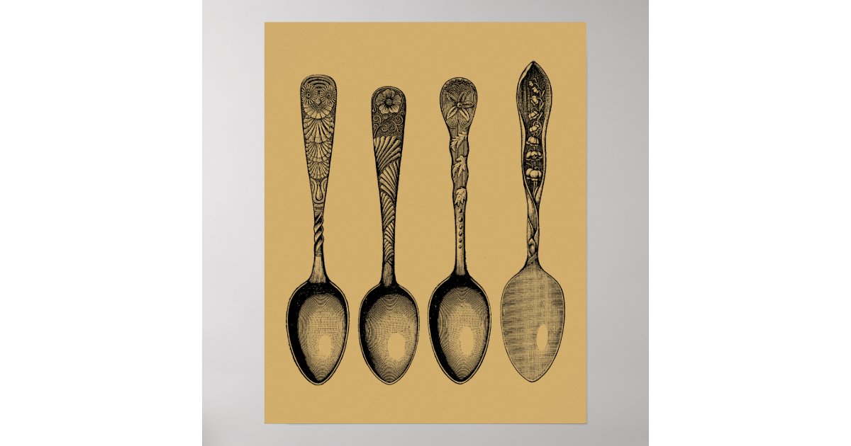 Antique Spoon Silverware Illustrations Poster | Zazzle