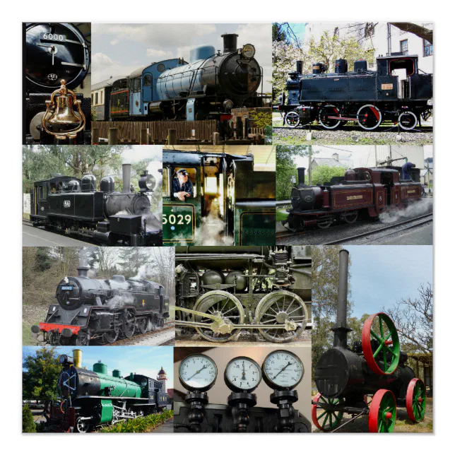 Antique Steam Engine Locomotive Train Collage Poster | Zazzle