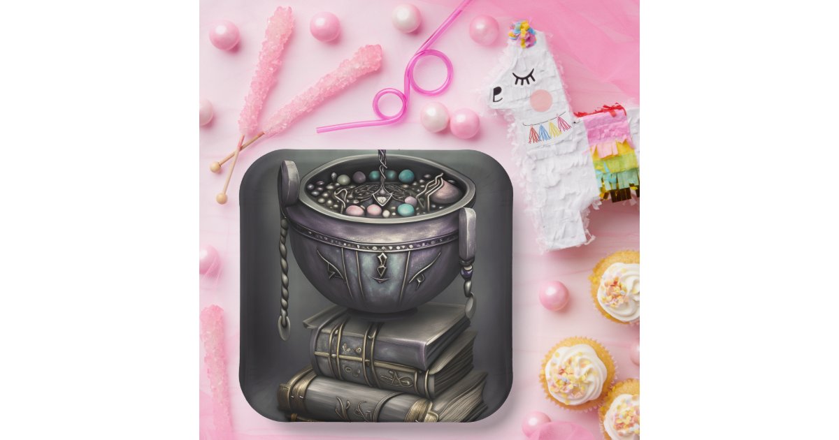 Antique Steampunk Cauldron | Stack of Spellbooks Paper Plates | Zazzle