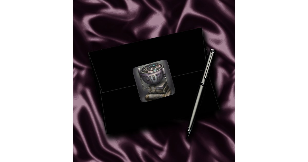 Antique Steampunk Cauldron | Stack of Spellbooks Square Sticker | Zazzle