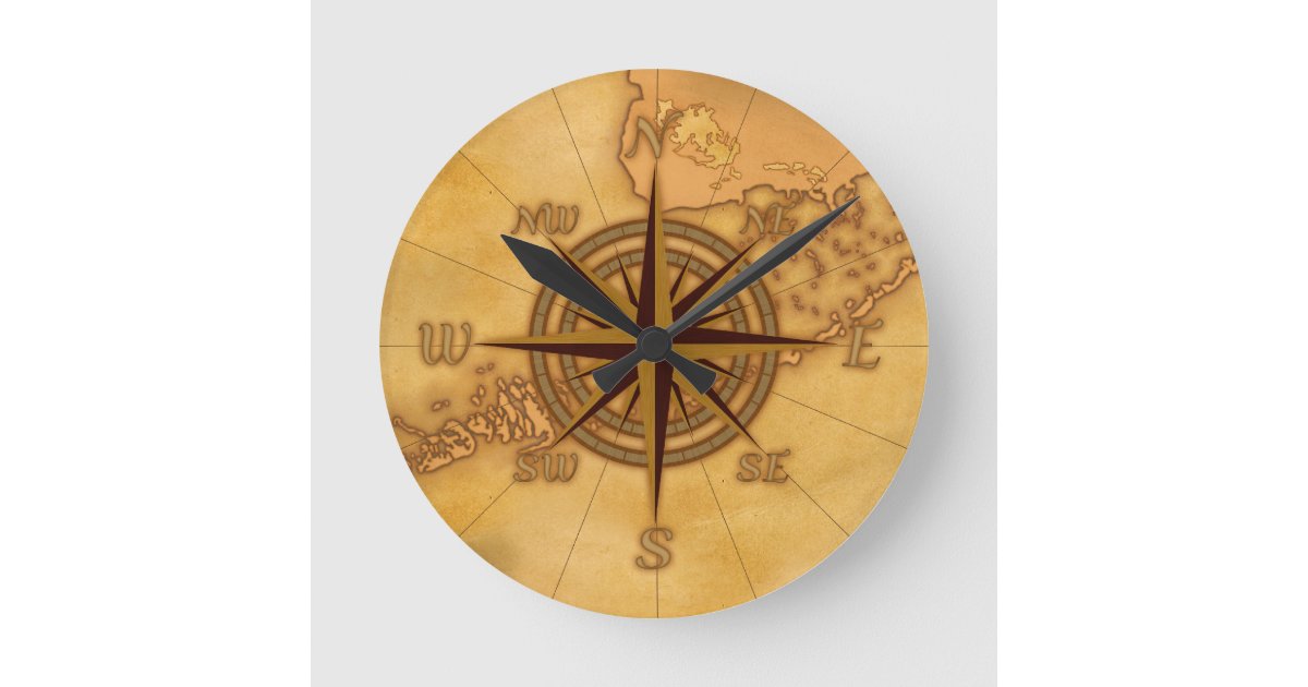 Antique Style Compass Rose Round Clock | Zazzle