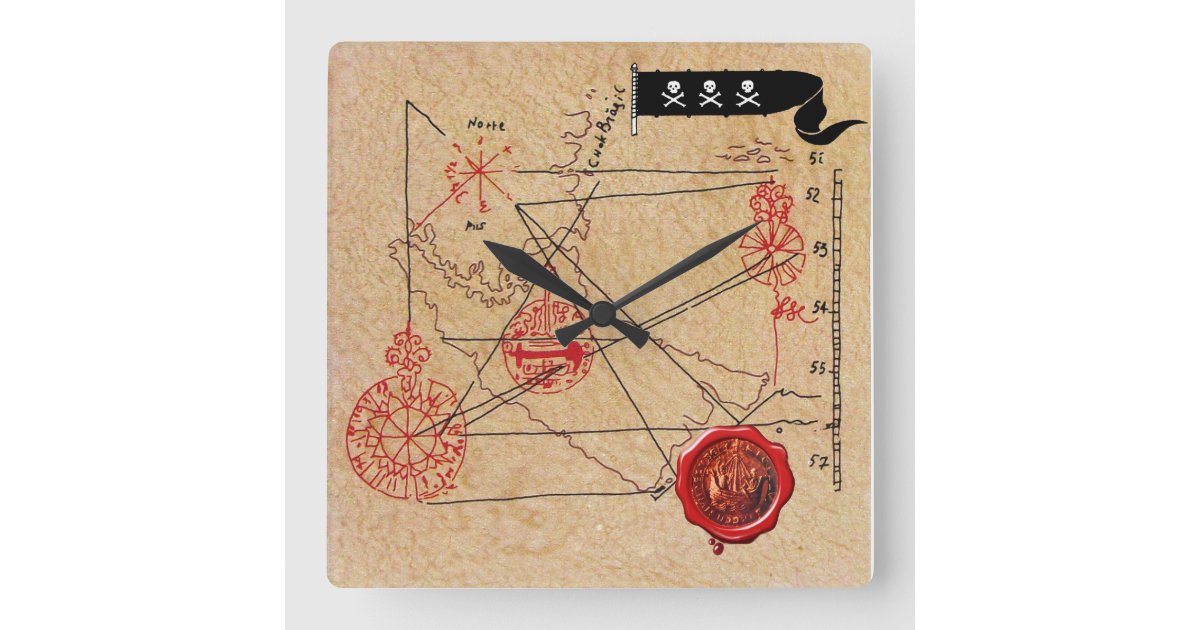ANTIQUE TALISMAN / PIRATES TREASURE MAP PARCHMENT SQUARE WALL CLOCK ...