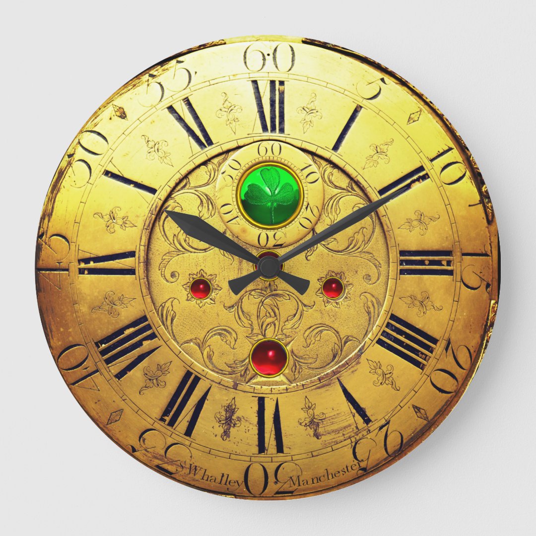 Antique Time,Shamrocks,Ruby Gemstones,Gold Yellow Large Clock | Zazzle