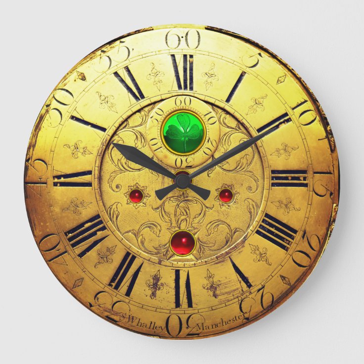 Antique Time,Shamrocks,Ruby Gemstones,Gold Yellow Large Clock | Zazzle