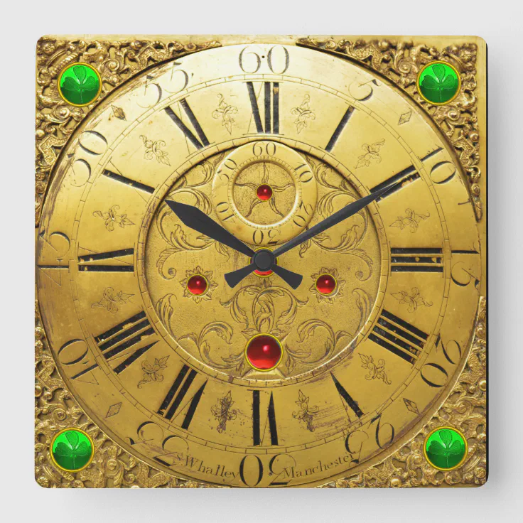 Antique Time,Shamrocks,Ruby Gemstones,Gold Yellow Square Wall Clock ...