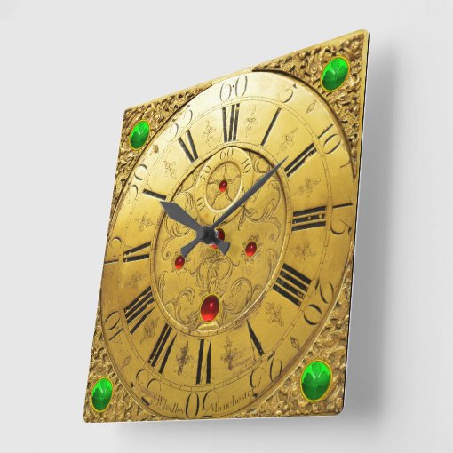 Antique Time,Shamrocks,Ruby Gemstones,Gold Yellow Square Wall Clock ...