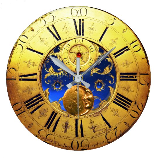ANTIQUE TIME ,Sun, Moon,Stars,Blue Gem,Gold Yellow Large Clock | Zazzle.com