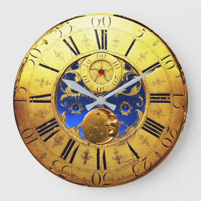 ANTIQUE TIME ,Sun, Moon,Stars,Blue Gem,Gold Yellow Large Clock | Zazzle