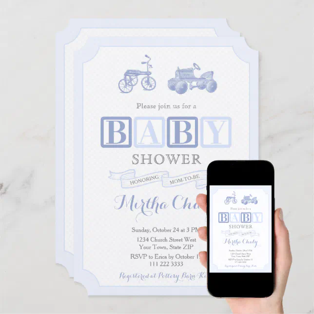 Antique Toys ABC Blocks Timeless Boy Baby Shower Invitation | Zazzle