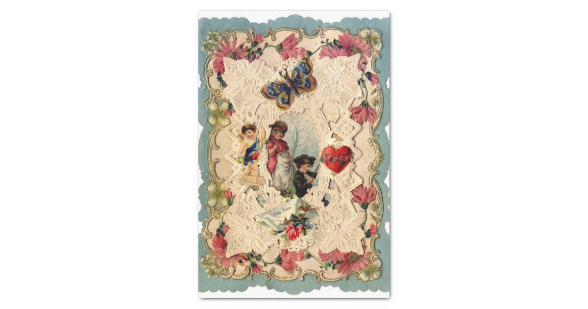 ANTIQUE VALENTINE LACE,CUPID,LOVERS AND BUTTERFLY TISSUE PAPER | Zazzle