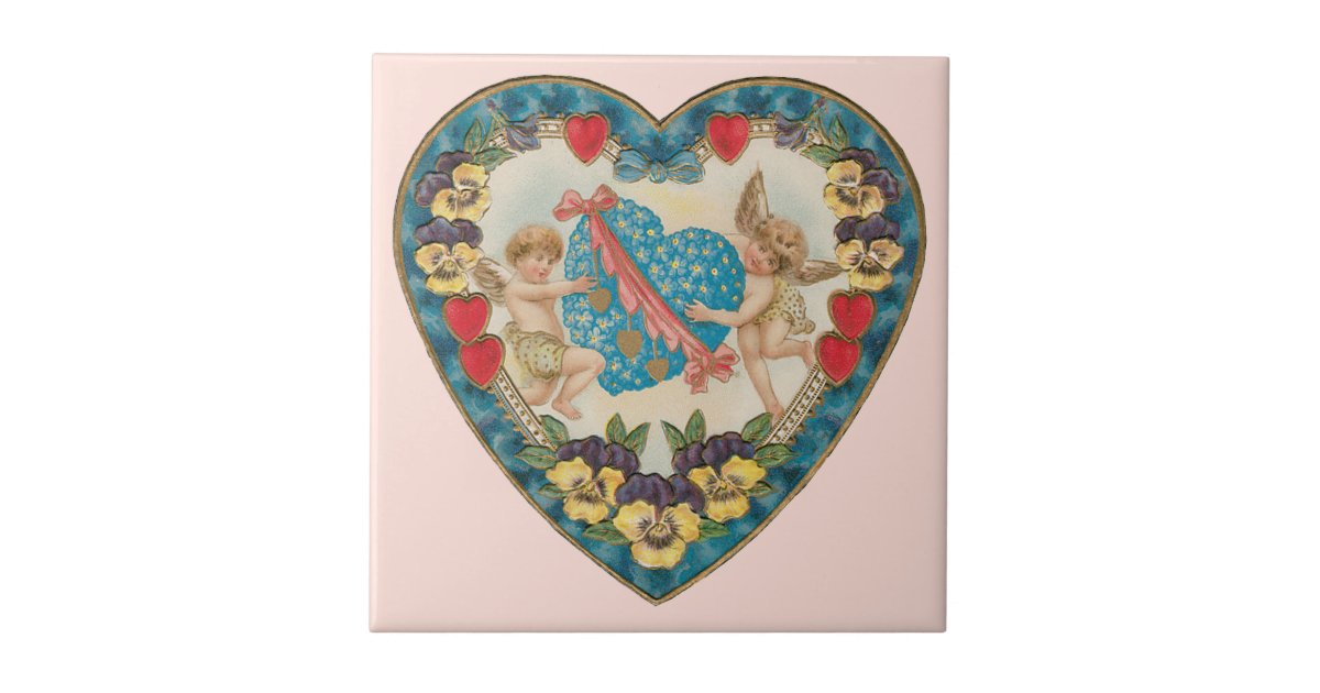 Antique Valentine's Day, Vintage Angels in a Heart Ceramic Tile | Zazzle