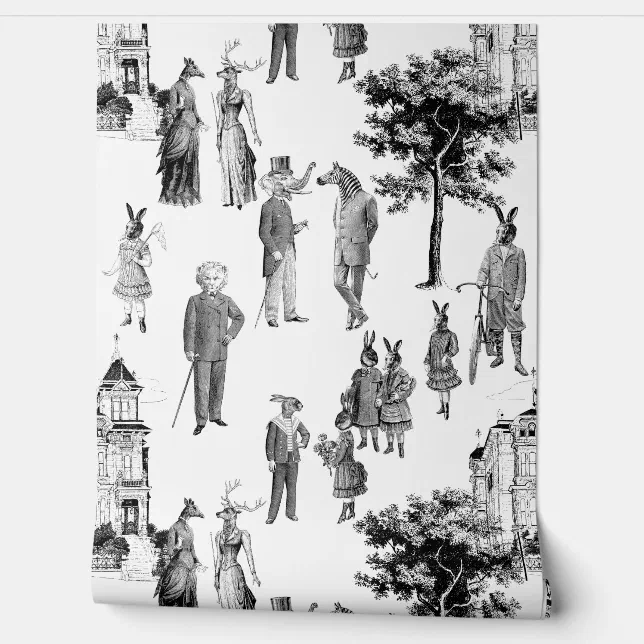 antique victorian animals toile anthropomorphic wallpaper | Zazzle