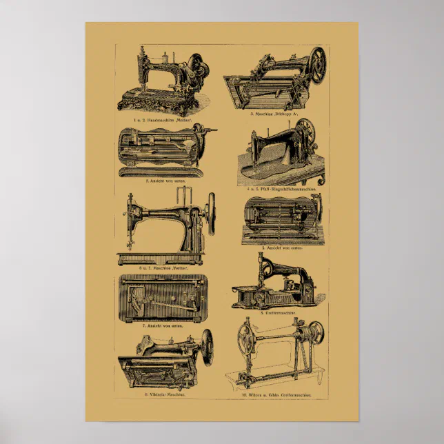 Antique Victorian Era Sewing Machine Illustrations Poster | Zazzle