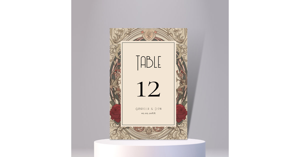 Antique Vintage Art Nouveau Rose Floral Wedding Table Number | Zazzle