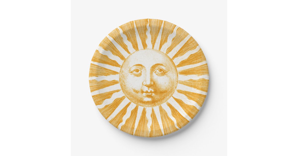 Antique Vintage Gold Yellow Sun Face Paper Plates | Zazzle