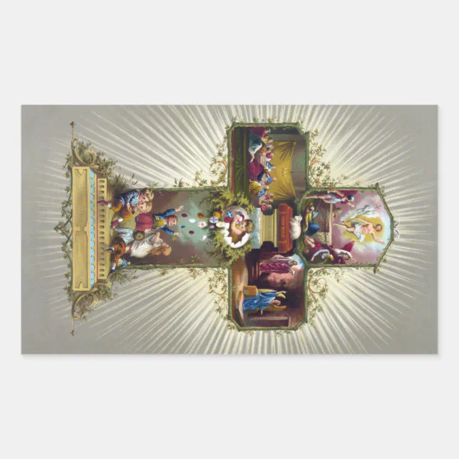 Antique Vintage Happy Easter Religious Cross Rectangular Sticker | Zazzle