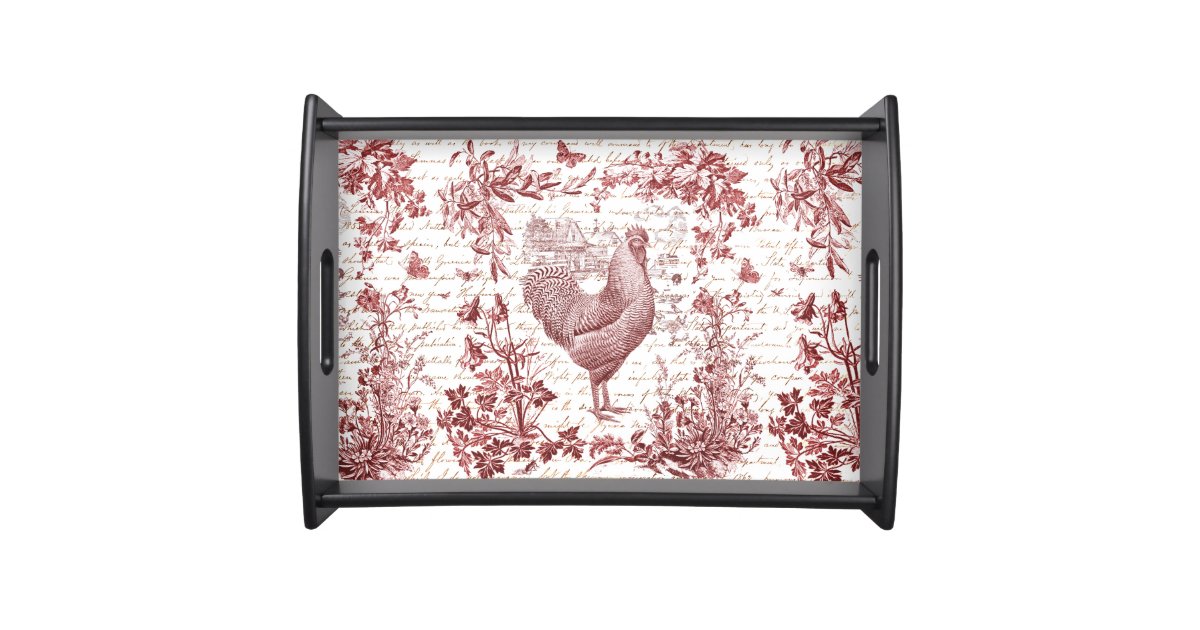 Antique Vintage Rooster Red Toile Floral Script Serving Tray | Zazzle