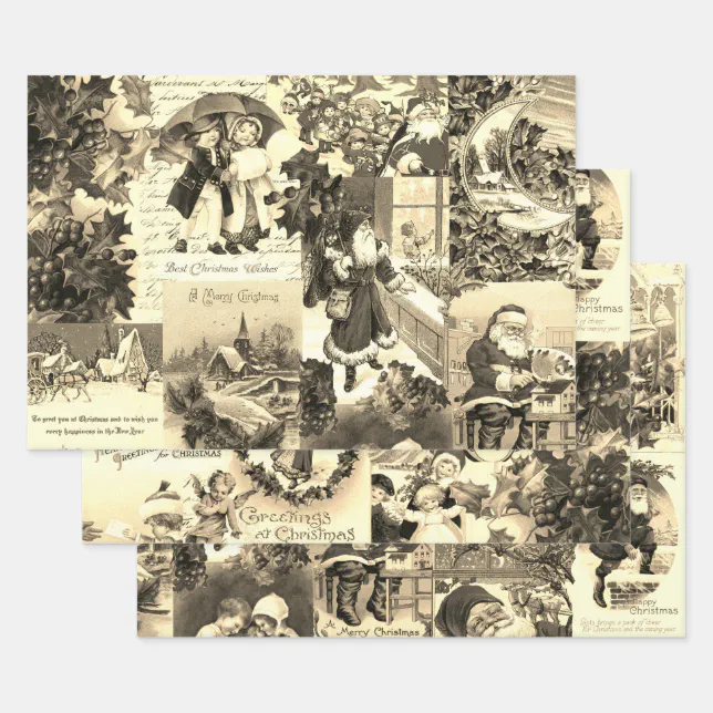 Antique Vintage Victorian Christmas Santa Collage Wrapping Paper Sheets ...