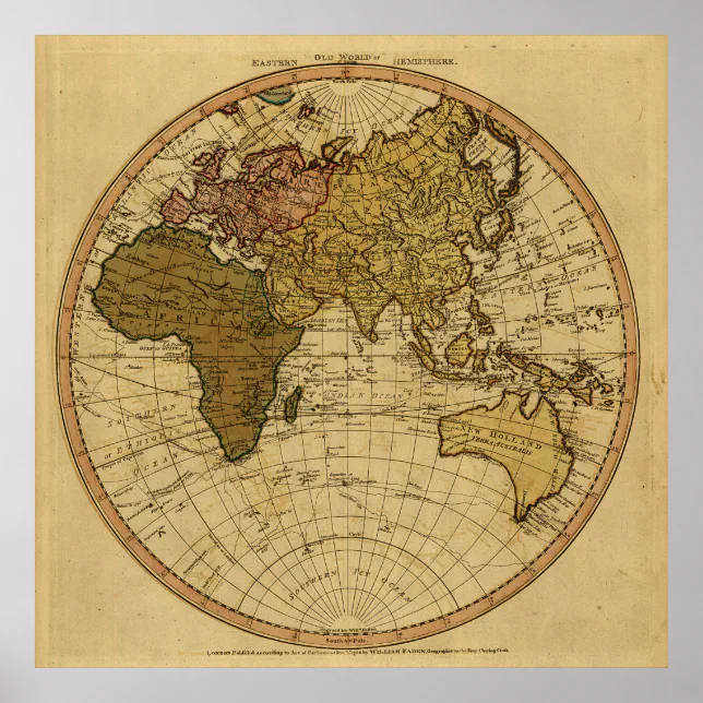 Antique William Faden 1786 Eastern Hemisphere Map Poster | Zazzle