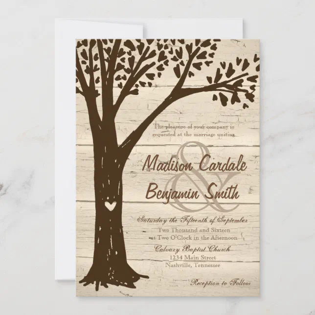 Antique Wood Carved Heart Tree Wedding Invites | Zazzle