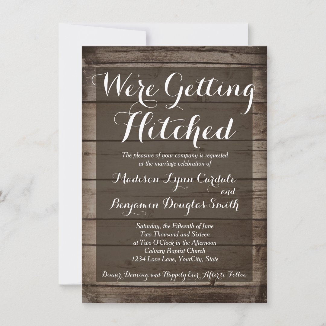 Antique Wood Getting Hitched Wedding Invitations | Zazzle