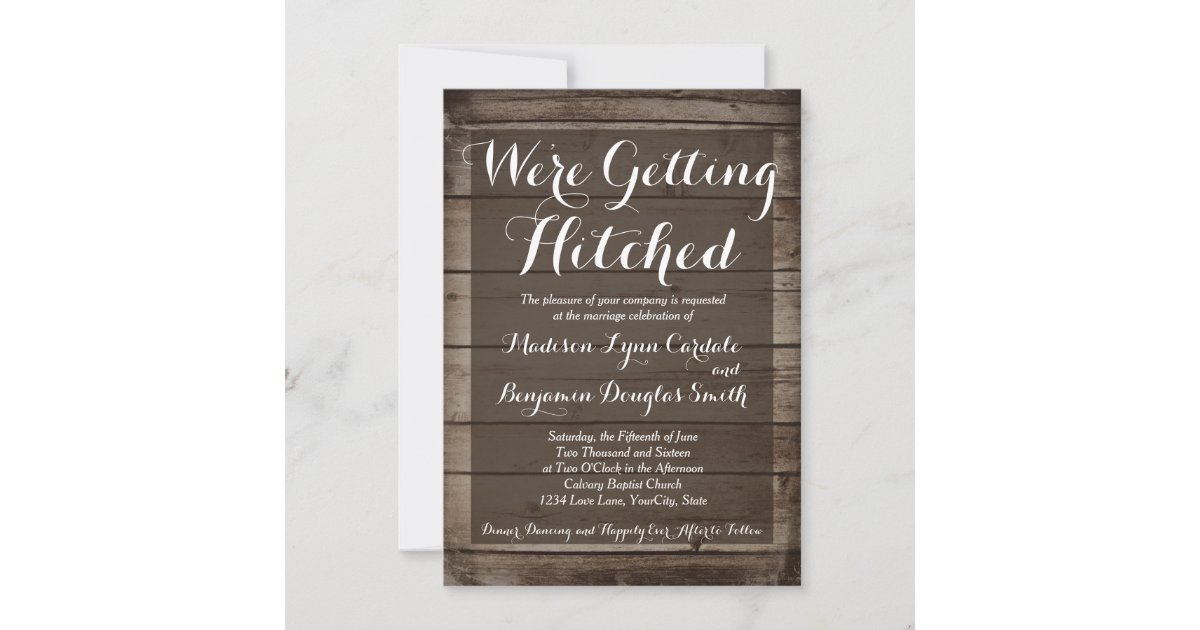 Antique Wood Getting Hitched Wedding Invitations | Zazzle