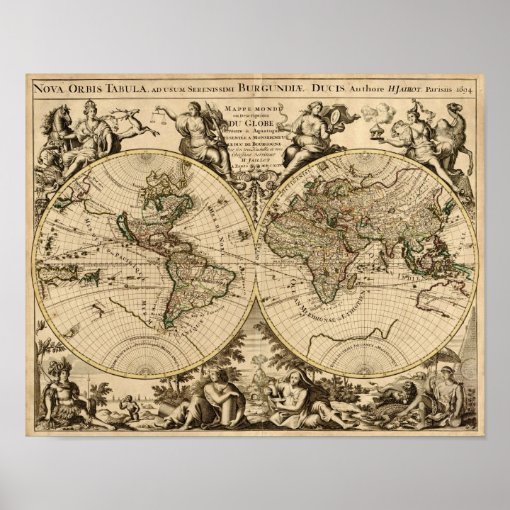 Antique World Map, 1694, by Alexis Hubert Jaillot Poster | Zazzle