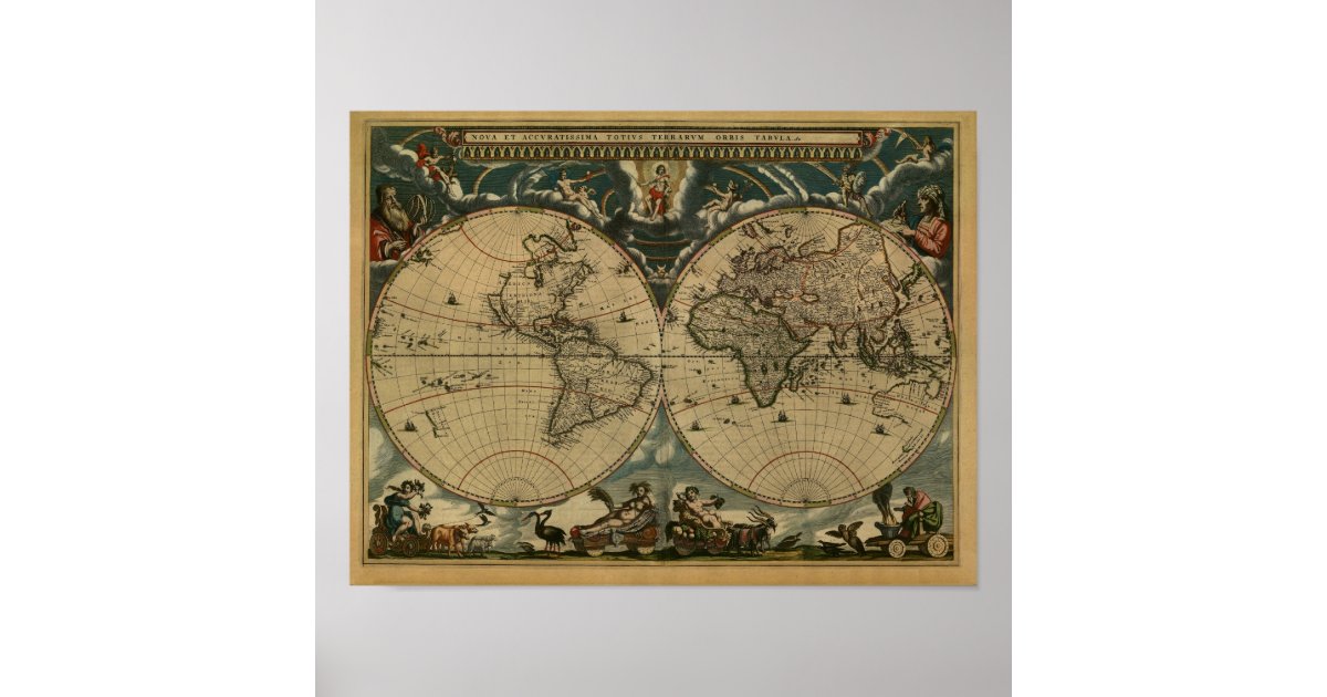 Antique World Map by Joan Blaeu, circa 1664 Poster | Zazzle