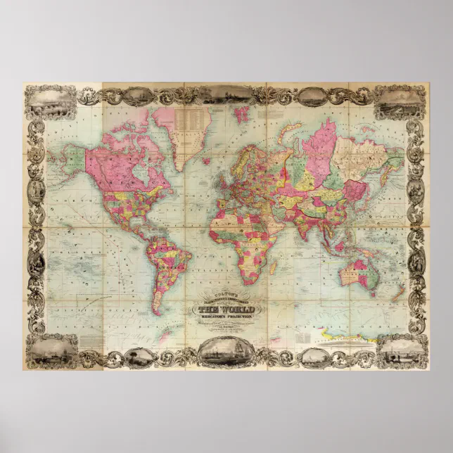 Antique World Map by John Colton, circa 1854 Poster | Zazzle