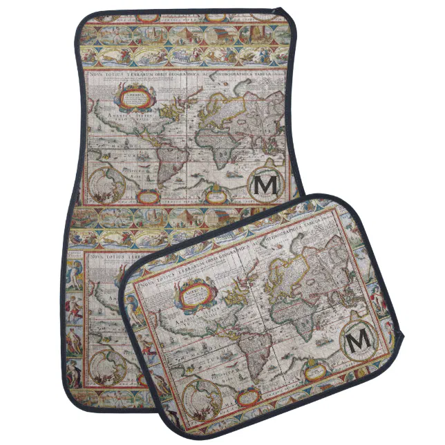 Antique World Map custom monogram floor mats | Zazzle