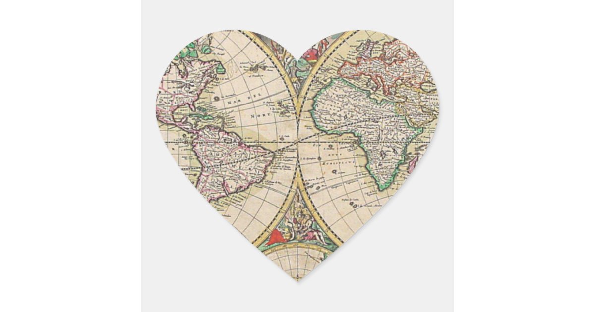 Antique World Map Heart Sticker | Zazzle