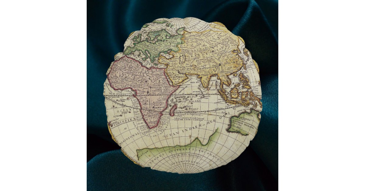 Antique world map in hemispheres round pillow | Zazzle