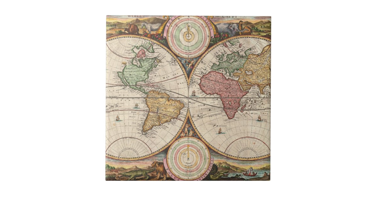 Antique World Map in two Hemispheres Ceramic Tile | Zazzle