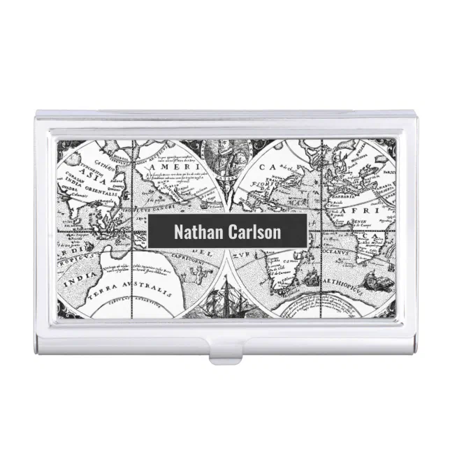 Antique World Map Line Art Personalised Business Card Case | Zazzle